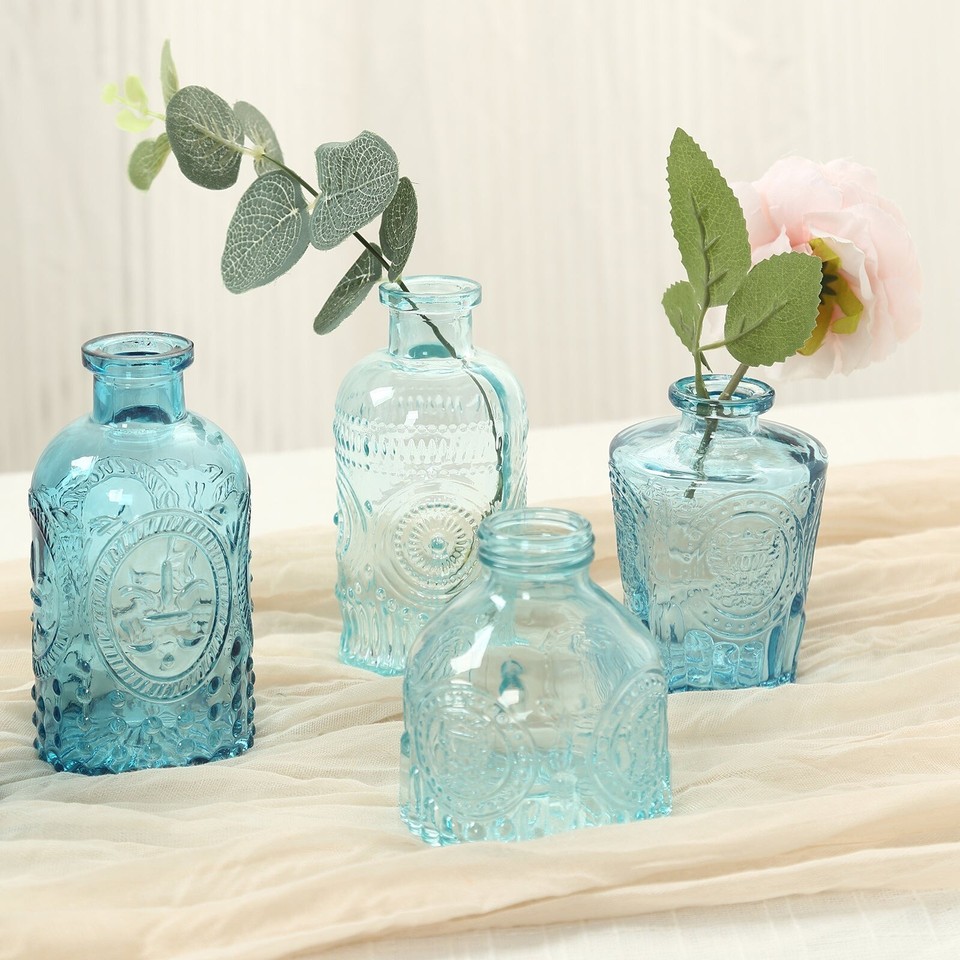 6 MIXED BLUE Decorative Glass Flower VASES Embossed Vintage Design ...