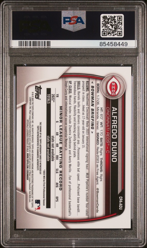 PSA 10 ALFREDO DUNO AUTO 1st 2023 Bowman Chrome Prospect REDS Rookie RC ...