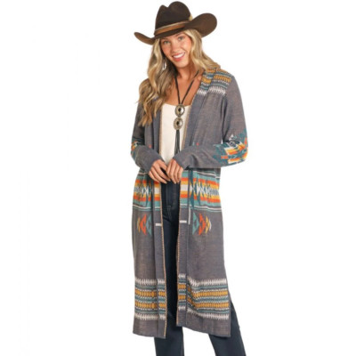 Rock & Roll Denim Ladies Aztec Print Charcoal Long Duster BW95T04468 | eBay