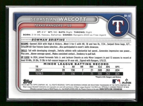 2024 Bowman Draft #BDC-112 Sebastian Walcott Texas Rangers | eBay