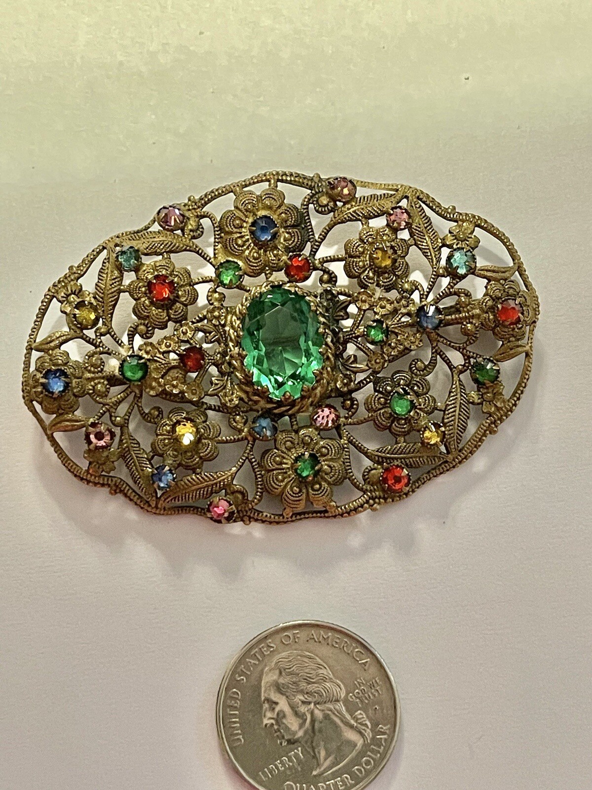 Art Deco Green Center & Multicolor Czech Glass Goldtone Filigree ...