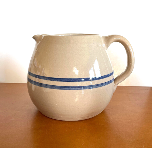 Vtg Stoneware Crock Pottery Pitcher Jug w/Double Handles Cobalt Blue ...