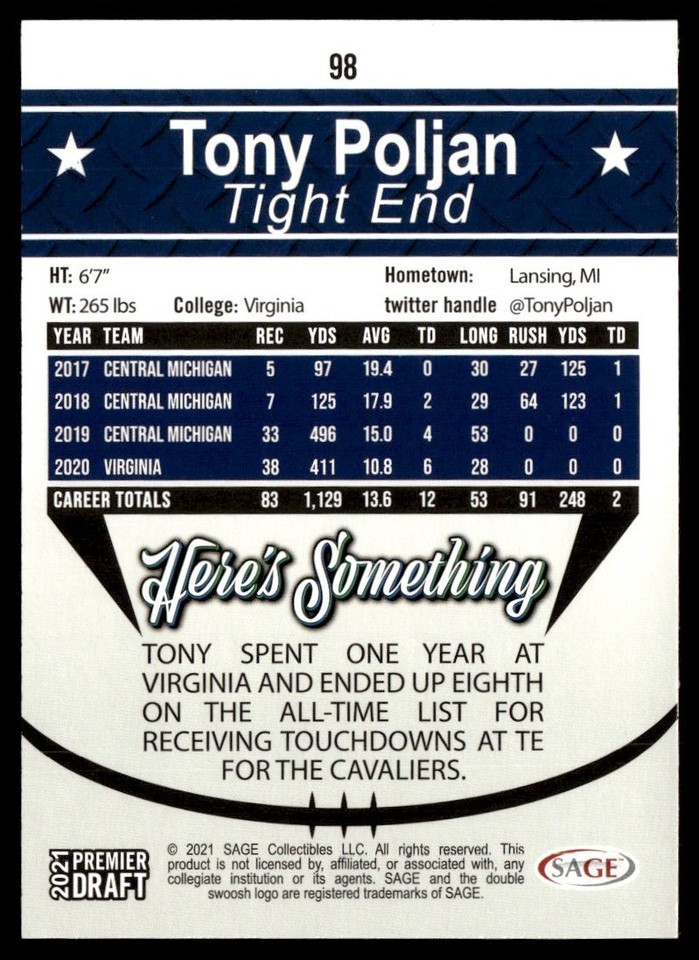 2021 SAGE Premier Draft Gold Tony Poljan Virginia Cavaliers #98 | eBay