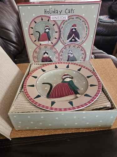 Oneida Salad/Dessert Plates Fiddlestix Holiday Cats Set of 4 w/Box NEW ...