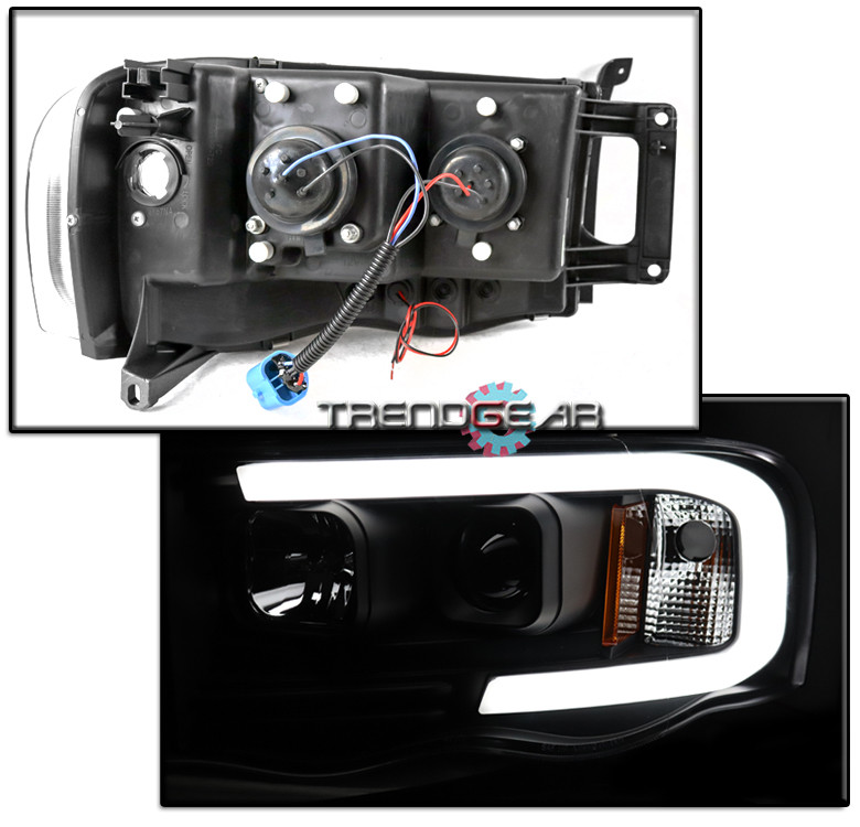 FOR 2002-2005 DODGE RAM 1500 LED TUBE BLACK PROJECTOR HEADLIGHTS W/BLUE ...
