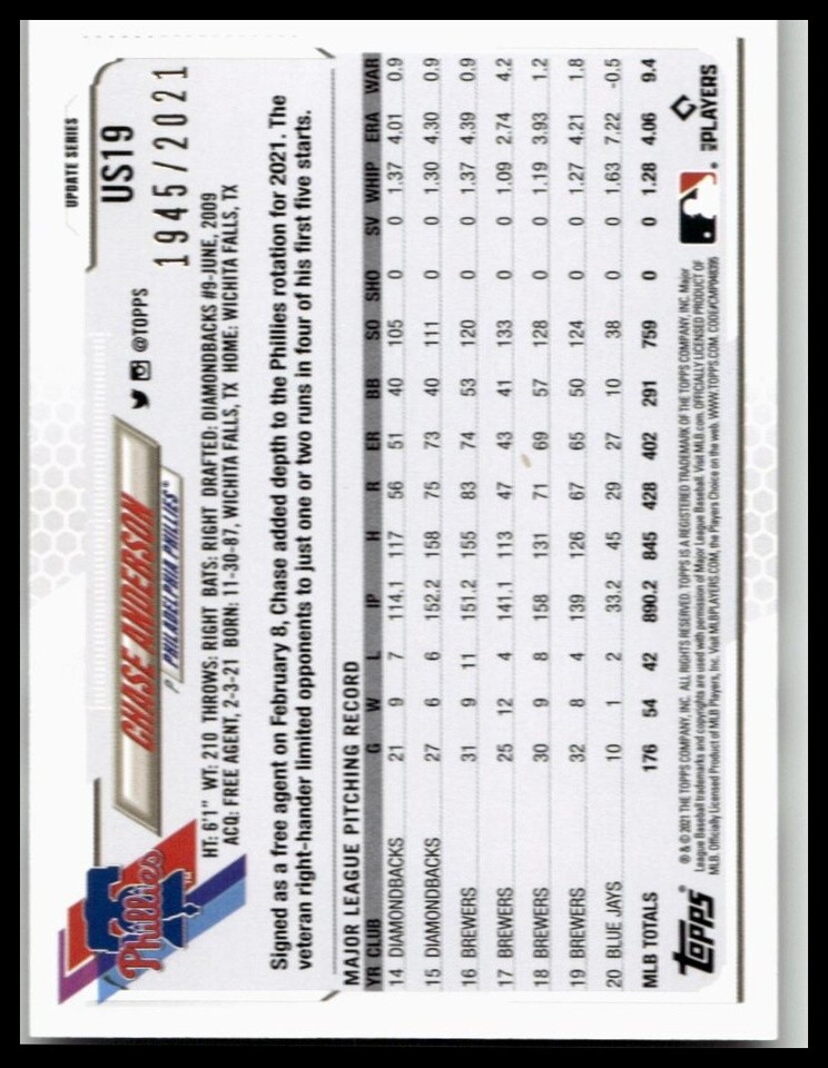 2021 Topps Update #US19 Chase Anderson Philadelphia Phillies Gold ...
