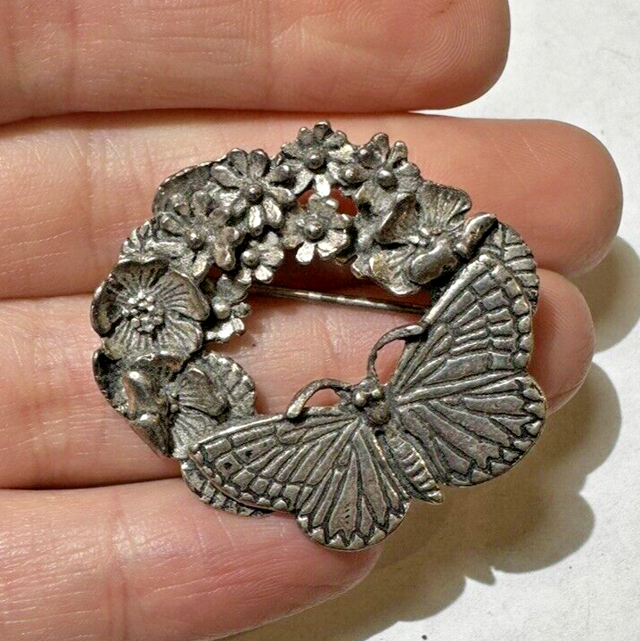 Vintage 2 MASJ 88 Art Nouveau Bouquet Flower Leaves Butterfly Silver t Brooch CQ | eBay UK