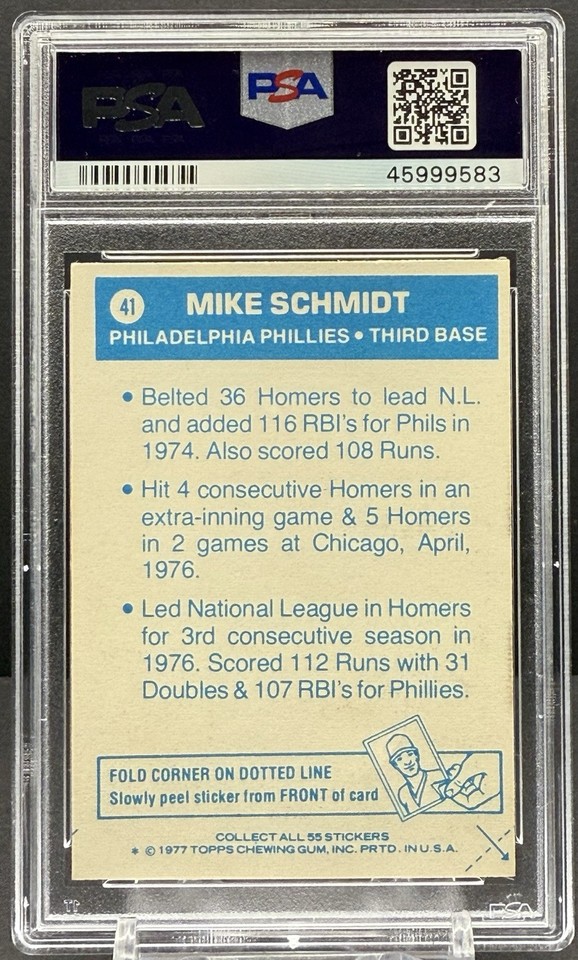 1977 Topps Mike Schmidt PSA 9 Philadelphia Phillies Cloth Stickers #41 ...