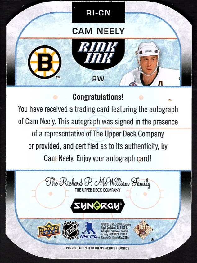 CAM NEELY 2022-23 Upper Deck Synergy RINK INK Autograph AUTO SSP ...