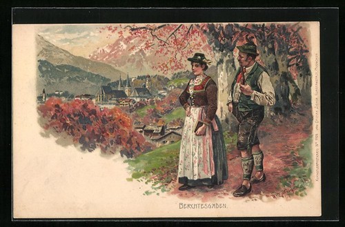 Artist lithograph Fritz Bergen: Berchtesgaden, view to the place ...