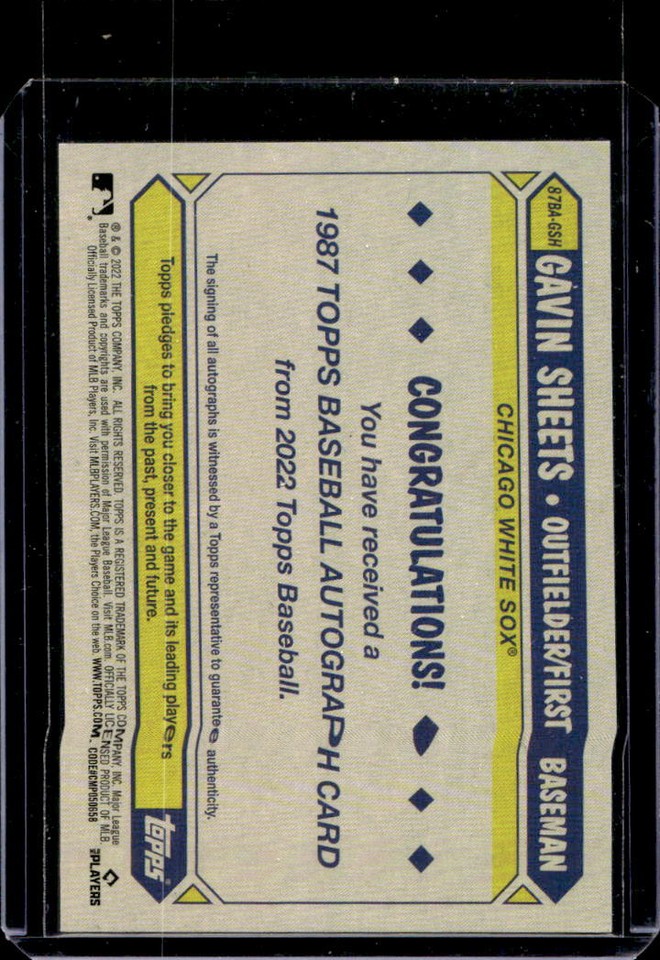 2022 Topps Gavin Sheets 1987 Rookie Auto Autograph RC #87BA-GSH White ...