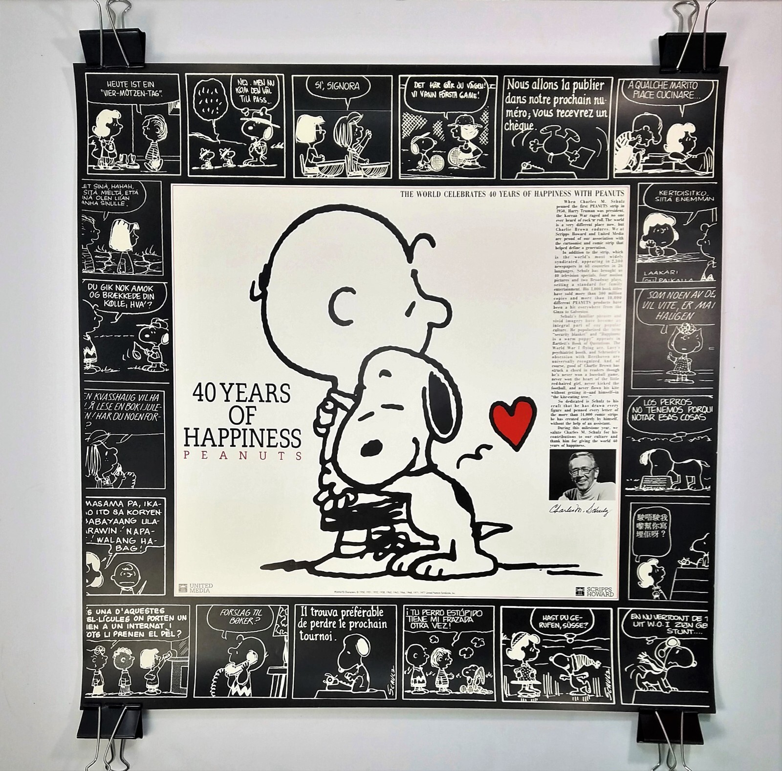 Vtg PEANUTS POSTER Snoopy Charlie Brown MULTILINGUAL Comic Strip Panels ...