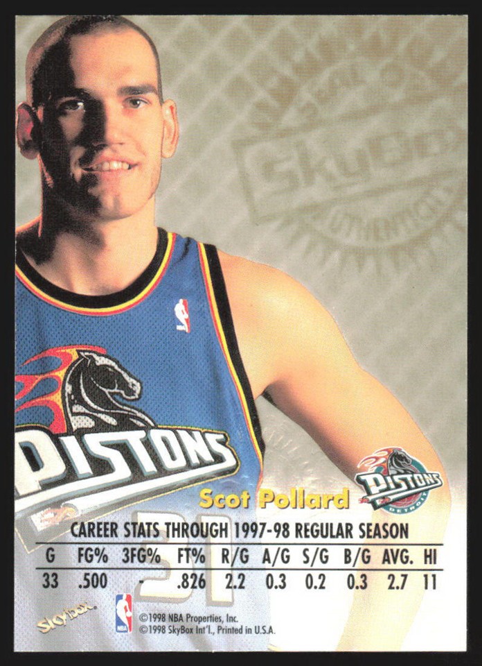 1998 Skybox Scot Pollard #MNO Autographics Autograph Detroit Pistons 1X ...