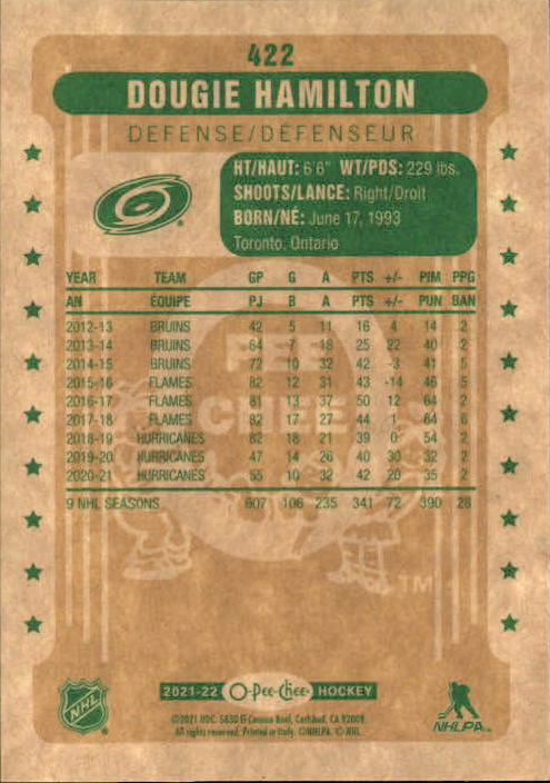 Dougie Hamilton 2021-22 Upper Deck O-Pee-Chee Retro Parallel Card #422 ...
