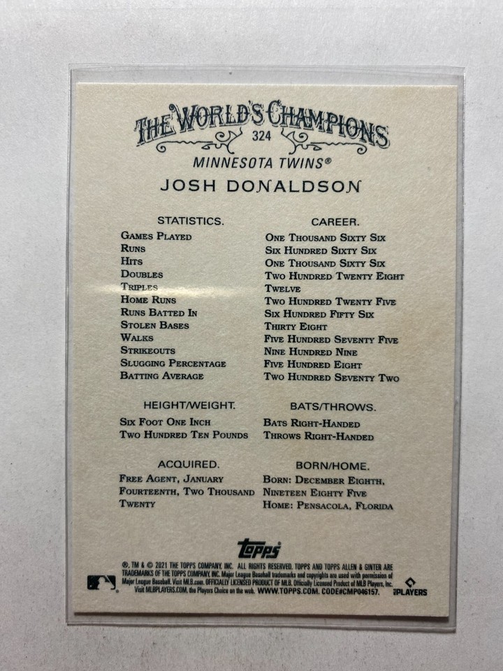 Josh Donaldson 2021 Topps Allen & Ginter Minnesota Twins #324 SP Card ...