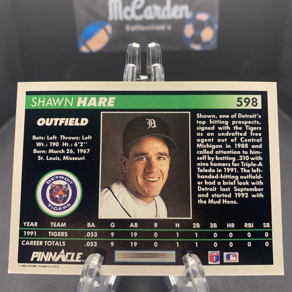 1992 Pinnacle Shawn Hare #598 Rookie RC Detroit Tigers | eBay