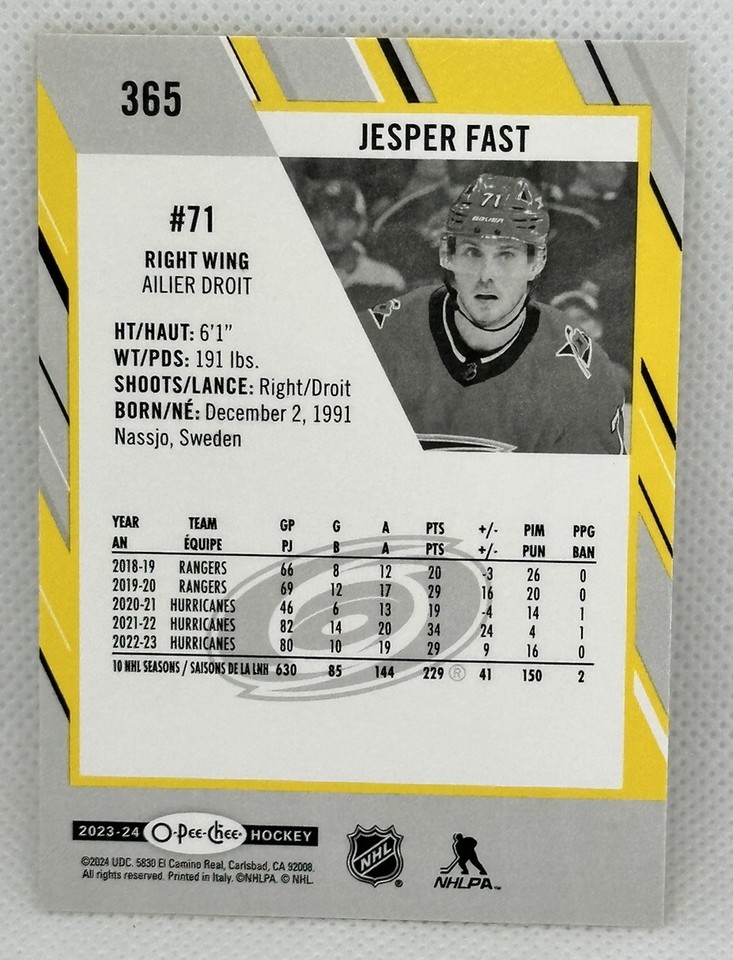 Jesper Fast 2023-24 O-Pee-Chee Hockey #365 Yellow Border Carolina ...