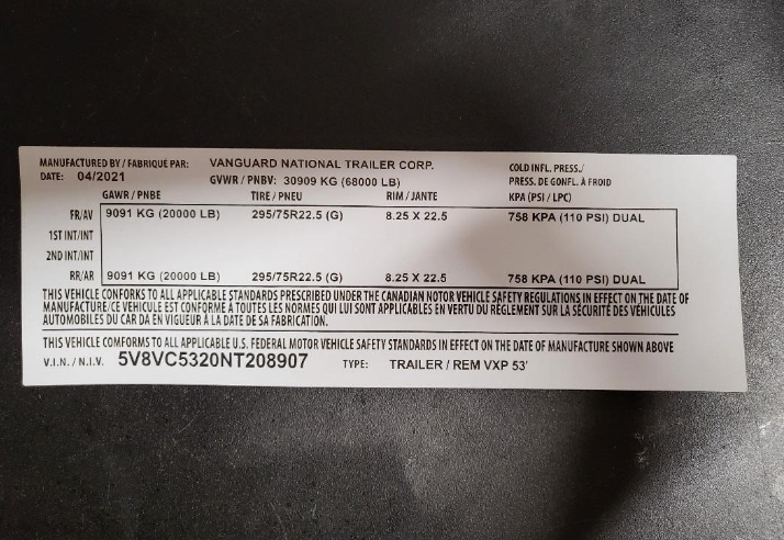 VANGUARD trailer VIN ID chassis sticker+ your text | eBay