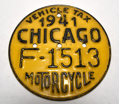 RARE Vintage 1941 Chicago IL Motorcyle Vehicle Tax License Plate Tag | eBay