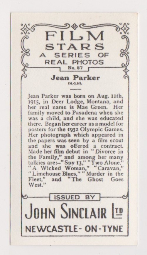 Jean Parker 1937 John Sinclair Film Stars Tobacco Card #87 | eBay UK