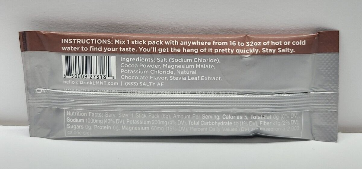 LMNT Electrolyte Powder Drink Mix CHOCOLATE SALT **10 STICK PACKS ...