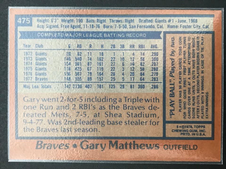 1978 Topps Baseball Gary Mathews Card #475 NM-MT Centered | eBay