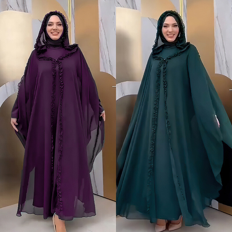 Abaya Women Chiffon Hooded Kaftan Long Dress Set Muslim Burqa Evening ...