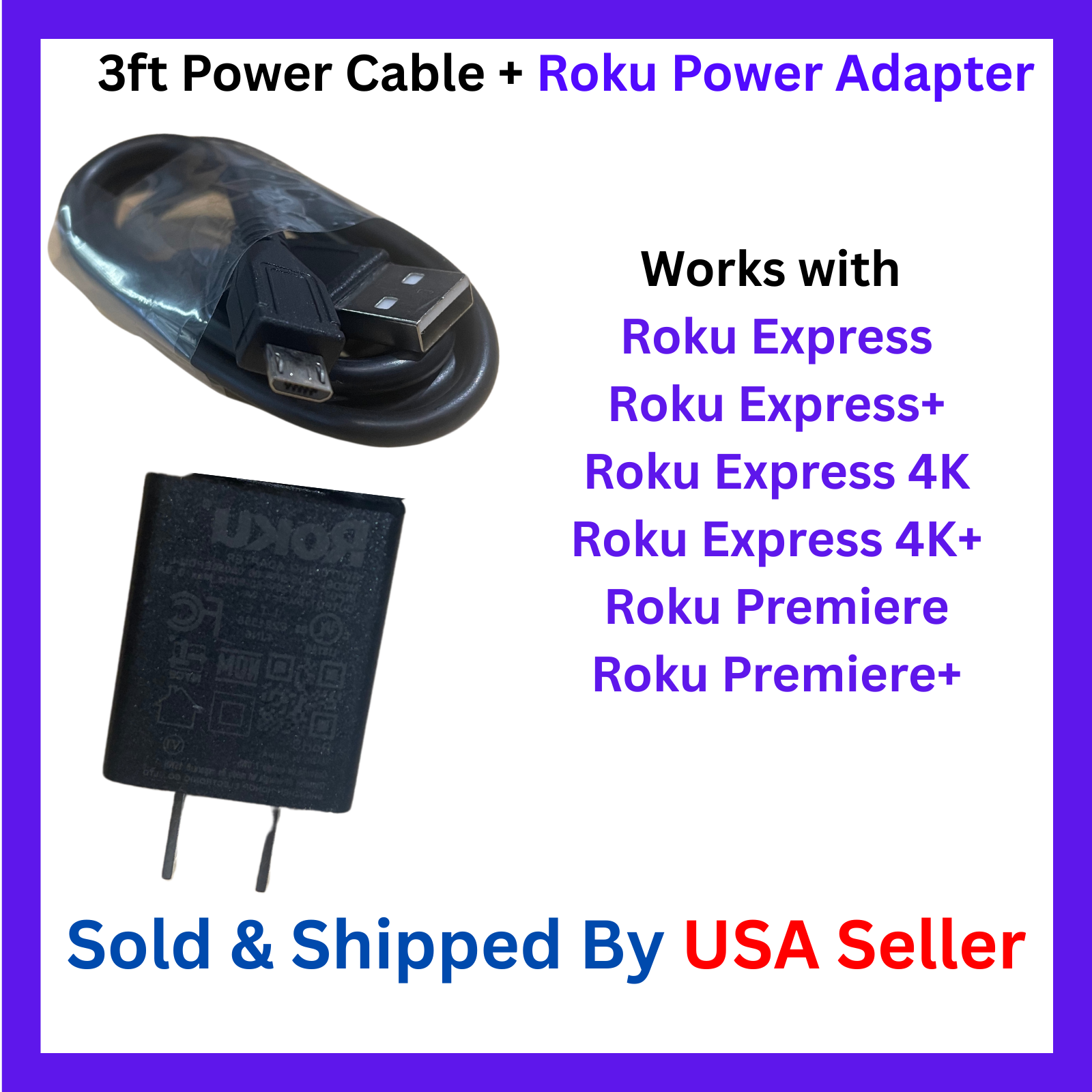 3ft Power Cord + Roku Power Adapter / Power Supply Roku Express Roku ...
