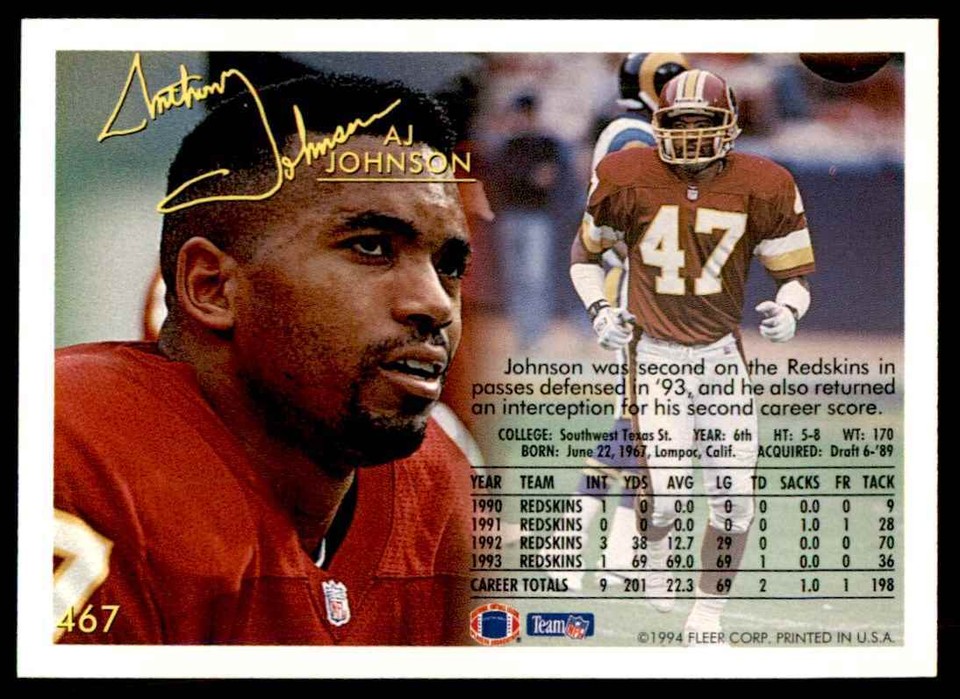 1994 Fleer A.J. Johnson Washington Redskins #467 | eBay
