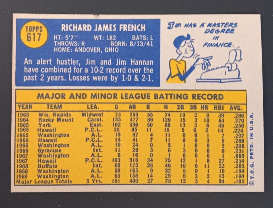 1970 TOPPS BASEBALL HIGH NUMBER #617 JIM FRENCH SENATORS NM | eBay