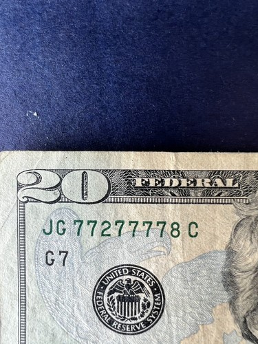 Fancy Trinary Note $20 Dollar Bill JG77277778 - six lucky 7s US paper ...