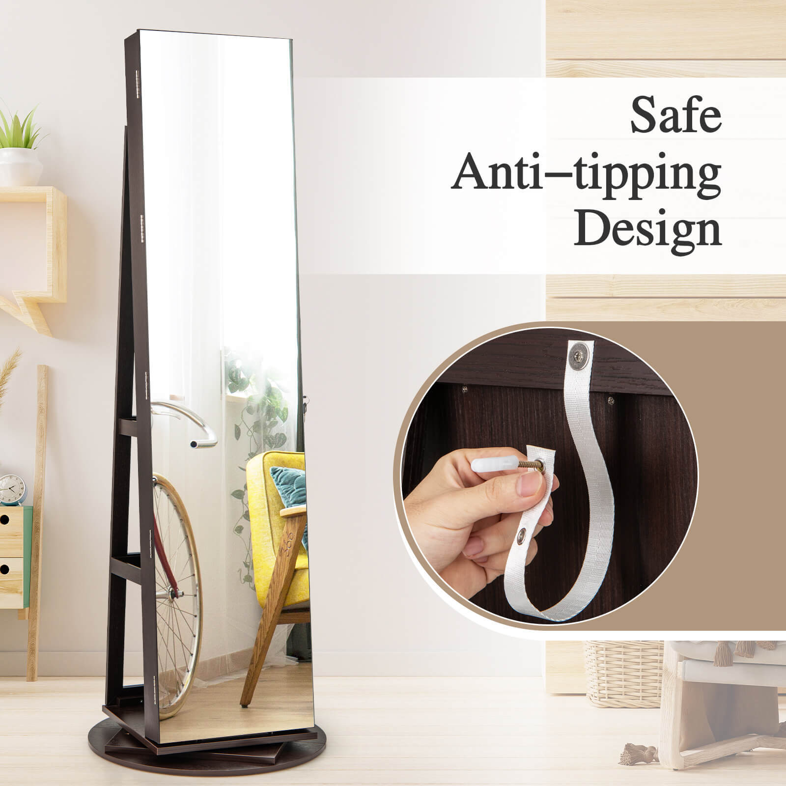 360° Rotating Mirrored Jewelry Cabinet Armoire 3 Color LED Modes ...