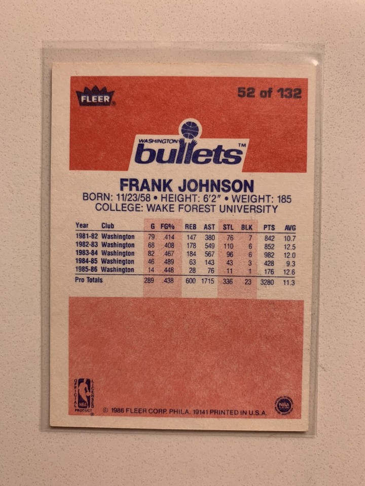 1986-87 Fleer FRANK JOHNSON Card No. 52 Washington Bullets | eBay