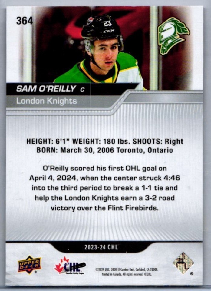 Sam O'Reilly Rookie 2023-24 Upper Deck CHL Star Rookies #364 RC ...