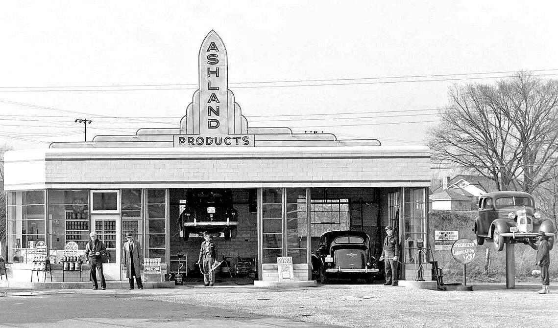ASHLAND OIL GAS PRODUCTS STATION 1930's 40'S CARS ATTENDANTS HOIST 5X7 ...