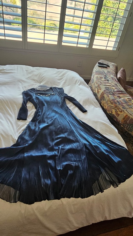 Komarov Mediterranean Blue Charmeuse Chiffon Beaded Neck Cocktail Dress ...