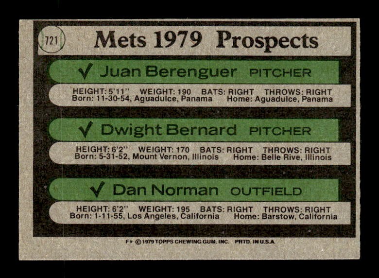 DWIGHT BERNARD SIGNED 1979 TOPPS BASEBALL #721 NEW YORK METS ON-CARD ...