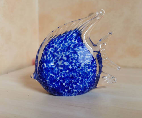 Hand Blown Clear Cobalt Blue Glass Angel Fish Paperweight / Figurine 4. ...