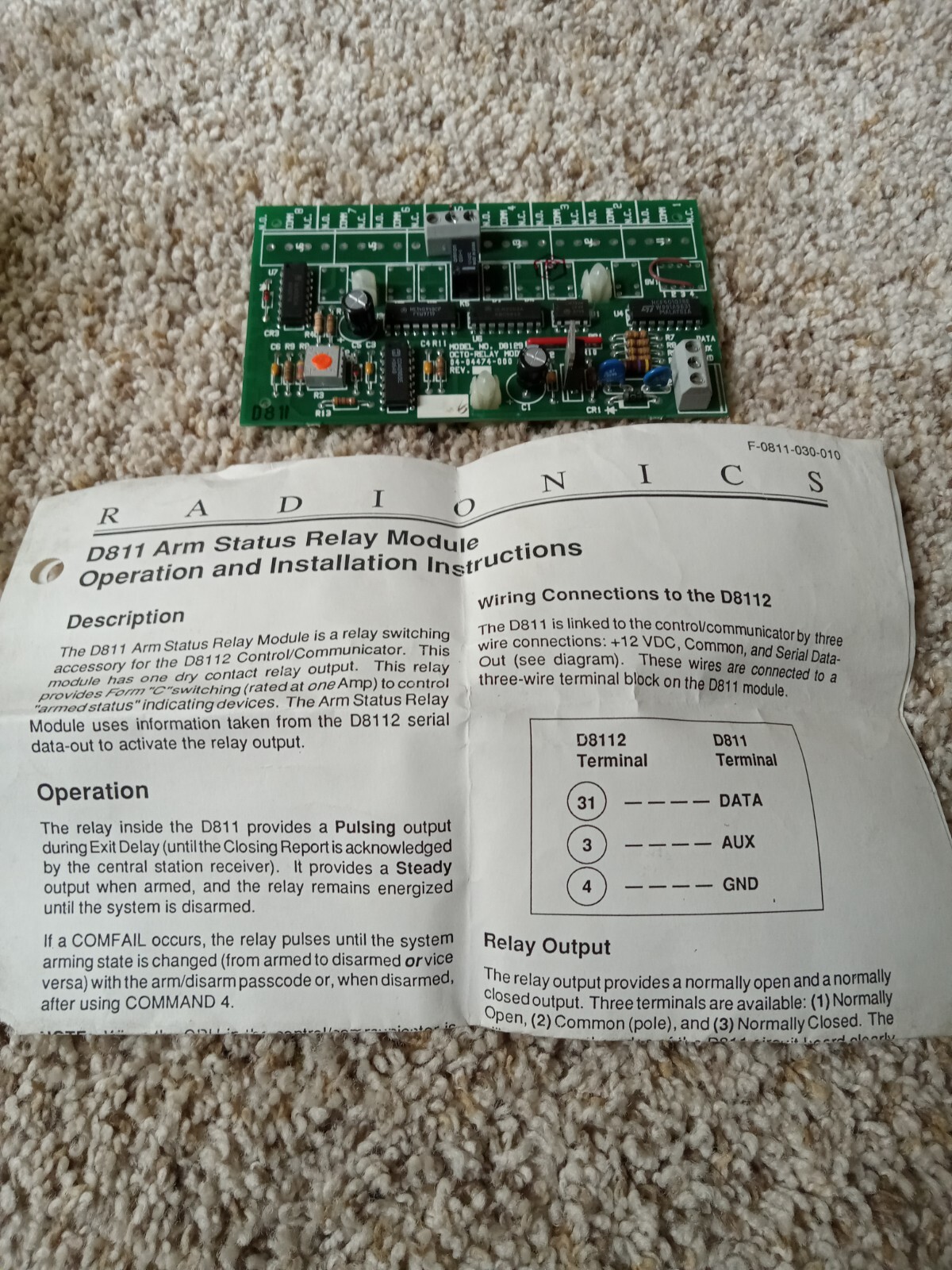 Radionics D811 arm status relay module for D8112 Alarm panels | eBay