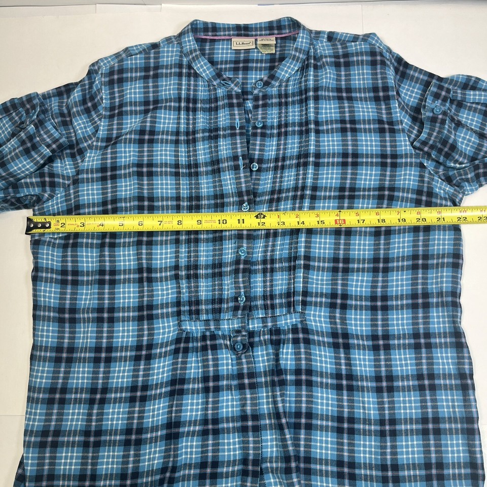 L.L. Bean Womens Blue Plaid Pintuck 1/2 Button Flannel Top Size Medium ...