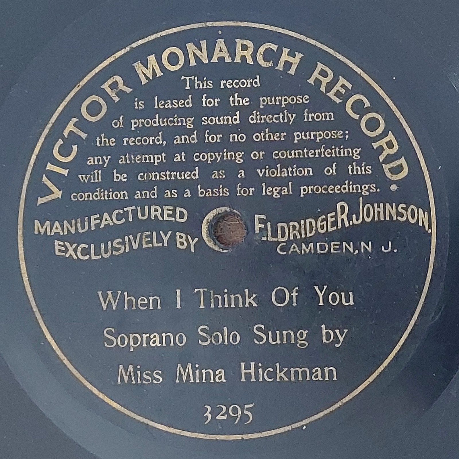 78 RPM Miss Mina Hickman "When I Think Of You " 3295 Victor Monarch VV+ ...