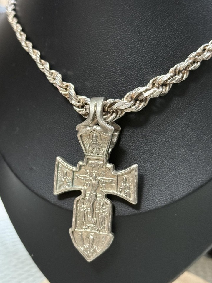 Vintage Necklace Jesus Cross Silver 925 Chain Archangel Pendant Jewelry ...
