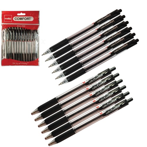 12 x 1.0mm BIC CELLO Comfort Medium Point Biros BLACK Retractable ...