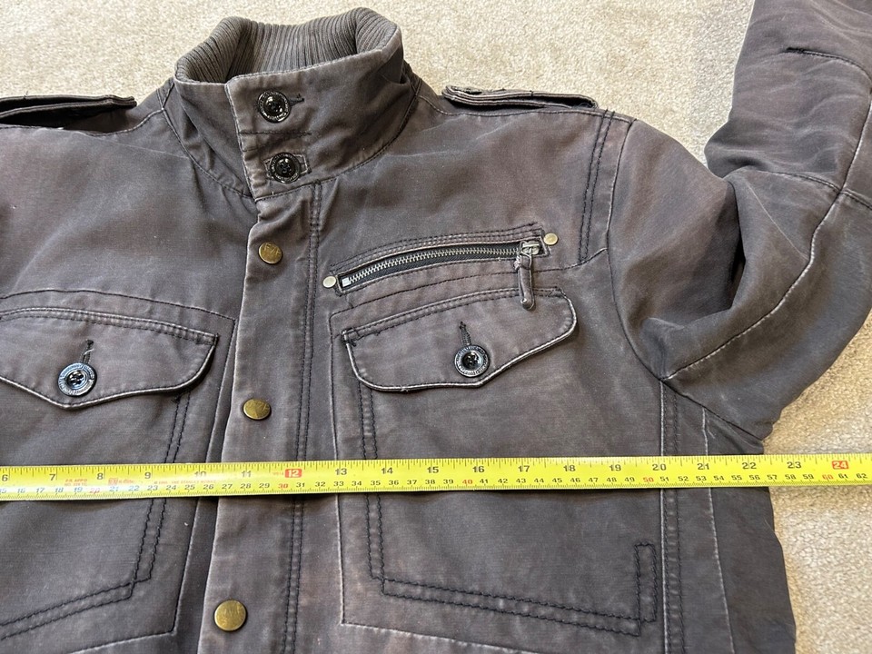 FIRETRAP Mens Jacket Cotton Slate Grey Zip Up popper Distressed Coat ...