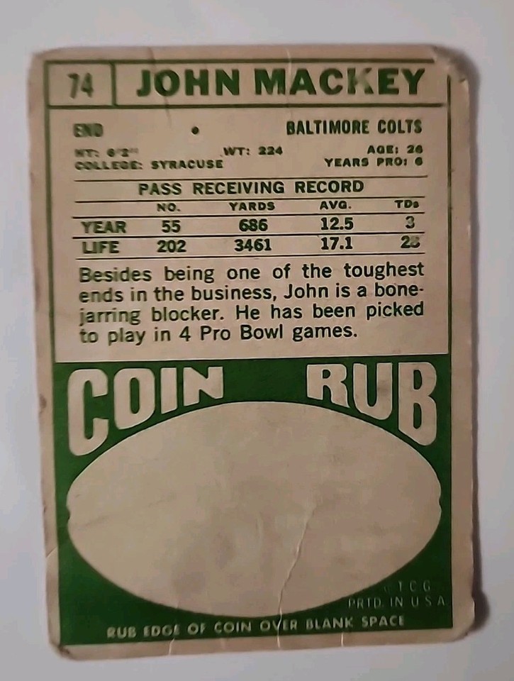 1968 Topps Football Card 74 John Mackey Baltimore Colts | eBay