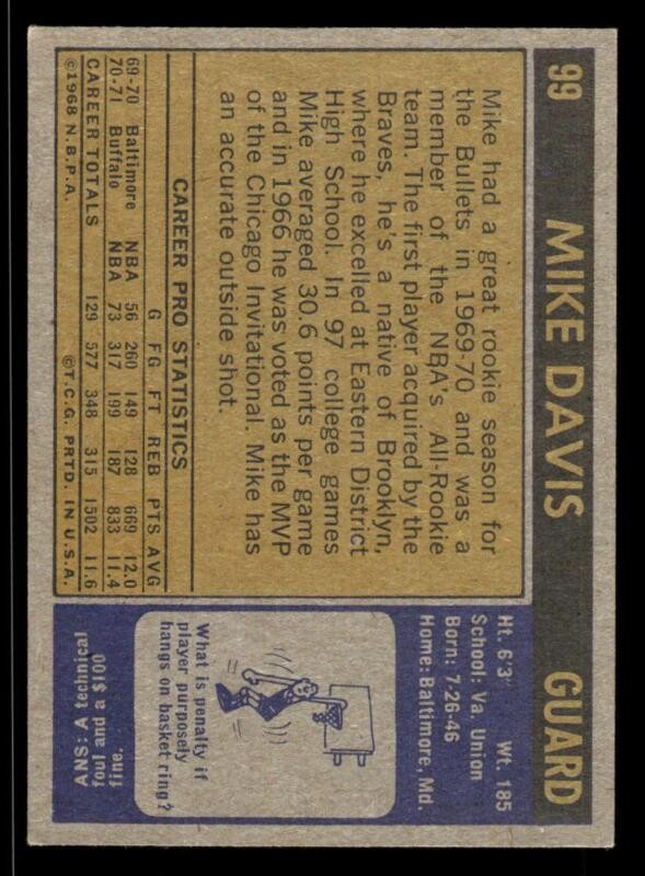 1971 TOPPS MIKE DAVIS 99 VG-EX BASKETBALL BUFFALO BRAVES | eBay