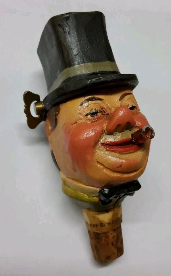 Hand Carved Wooden Wind Up Musical Bottle Stopper w/ Dispenser Straw w ...