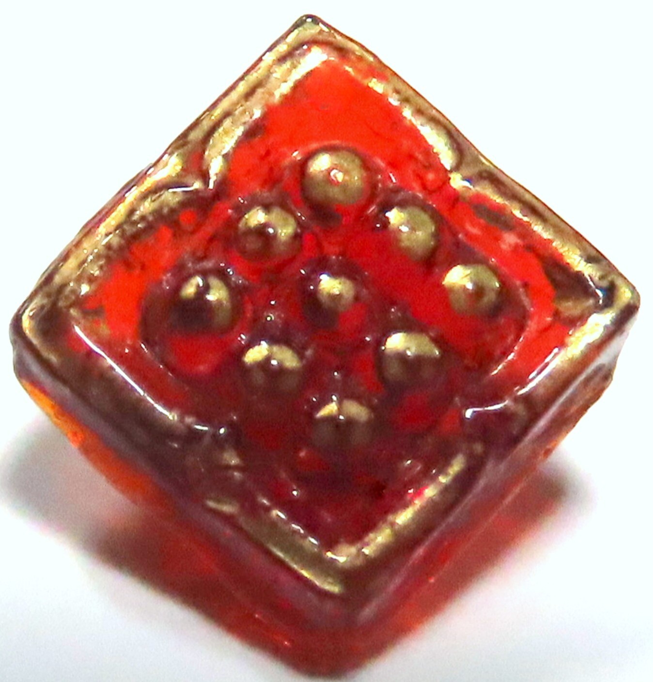 ANTIQUE VICTORIAN SQ. TRANSPARENT RUBY RED LACY GLASS BUTTON w/GOLD ...