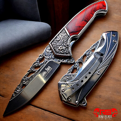 8" ART BLADE RED WOOD HANDLE TACTICAL SPRING ASSISTED FOLDING OPEN ...