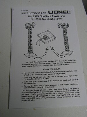 Lionel Train Instructions for 2313 Floodlight Tower 2314 Searchlight ...